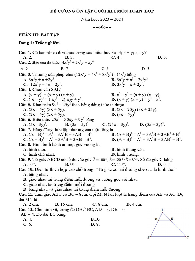 DE CUONG TOAN 8 HKI CÔ HẰNG | PDF