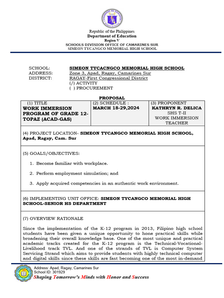 Activity Proposal Work Immersion 2024 | PDF | Behavior Modification