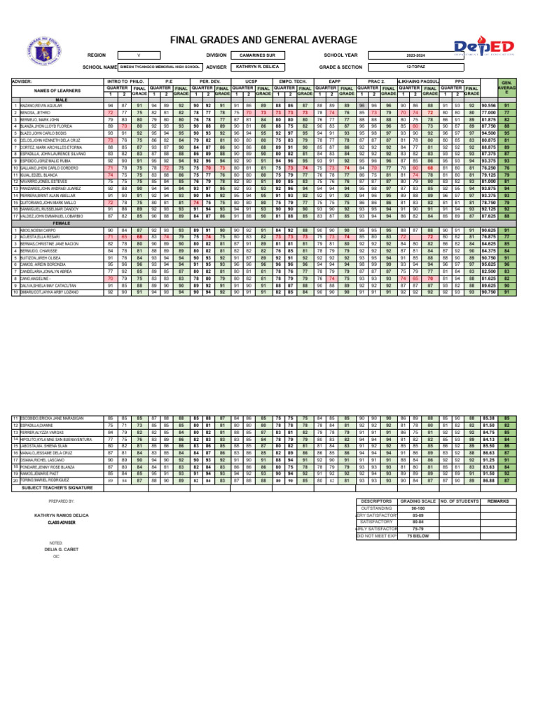 12 Topaz Summary of Grades 1st Sem 2023 | PDF