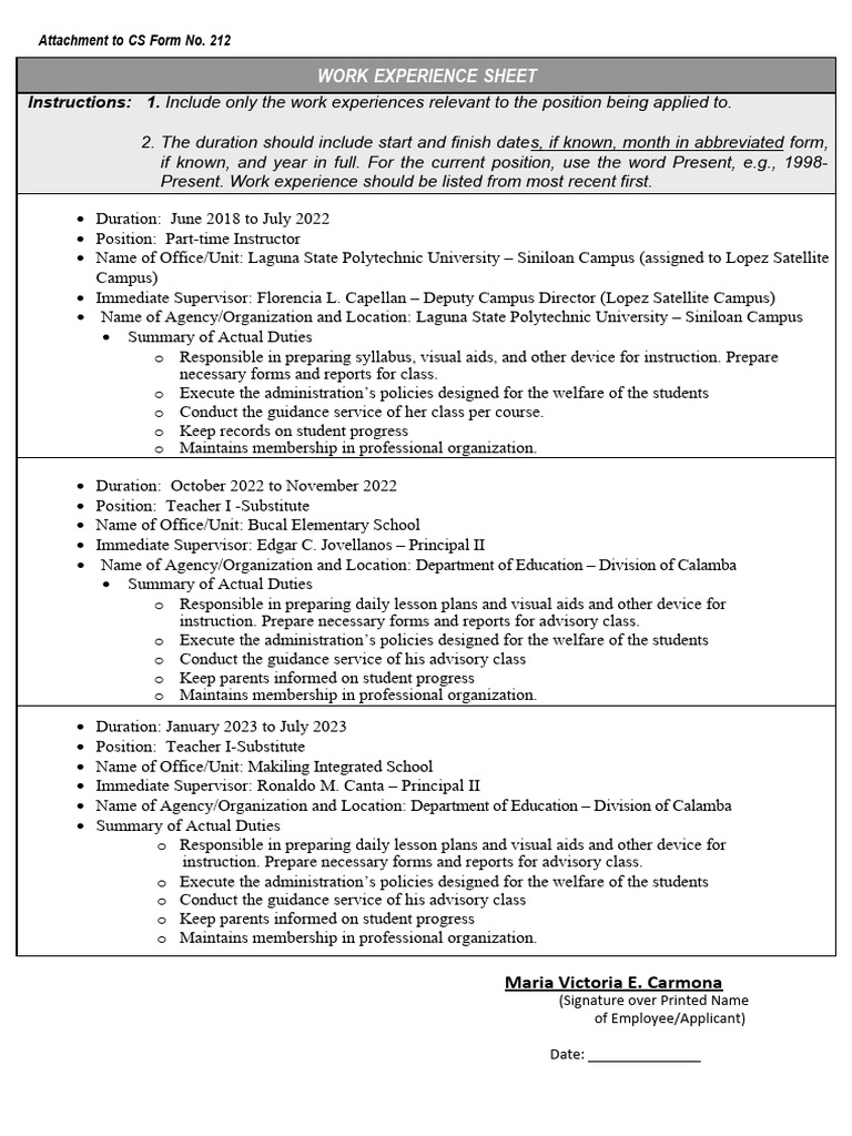 Sample Work Experience Sheet | Download Free PDF | Teachers