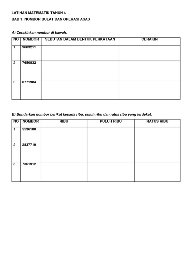Latihan Matematik Tahun 6 Bab 1 | PDF