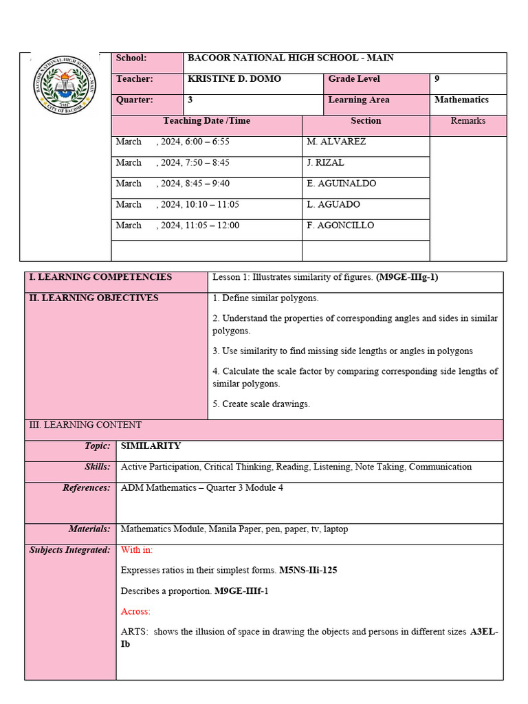 Lesson Plan Similarity Of Triangle Pdf Length Shape
