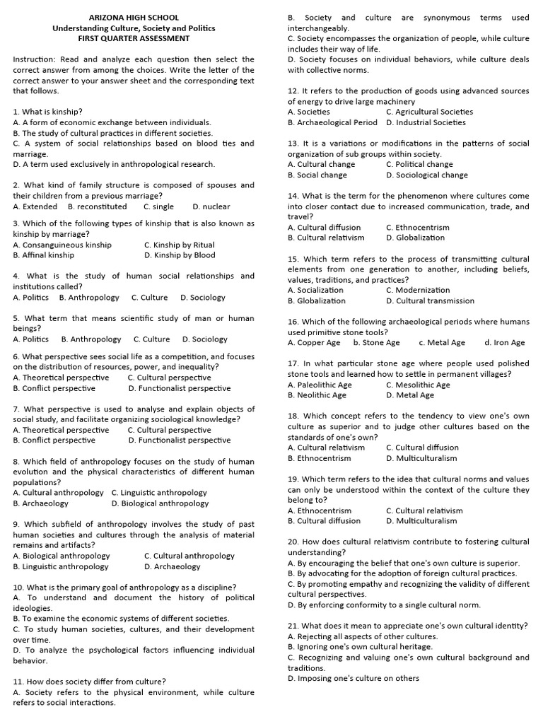 Ucsp Q1 Exam | PDF | Anthropology | Society