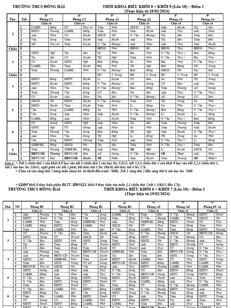 TKB khối 6,7,8,9 năm học 2023,2024-Lần 10 HKII (thực hiện từ 19-02-2024)-Điểm 2 | PDF