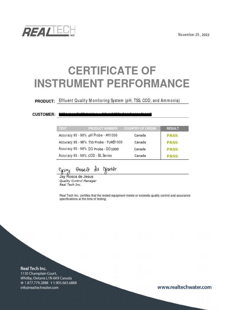Certificate of Performance Real Tech - For Biosant | PDF | Technology & Engineering