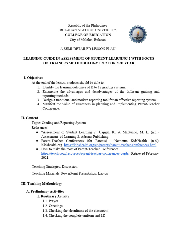 Semi-Detailed Lesson Plan on Grading | PDF | Educational Assessment ...