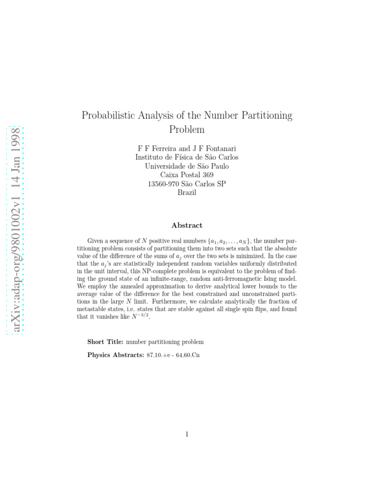 Probabilistic Analysis of The Number Partitioning Problem | PDF | Mathematical Optimization ...