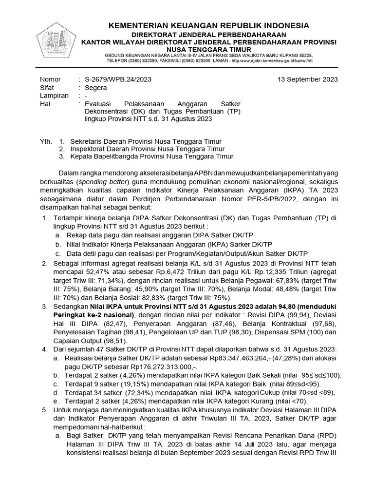 Evaluasi Pelaksanaan Anggaran Satker Dekonsentrasi (DK) Dan Tugas Pembantuan (TP) Lingkup ...
