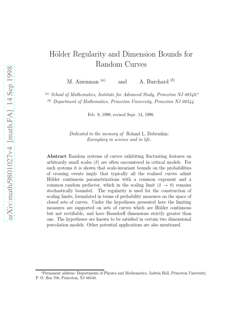 H Older Regularity and Dimension Bounds For Random Curves: M. Aizenman and A. Burchard | PDF ...