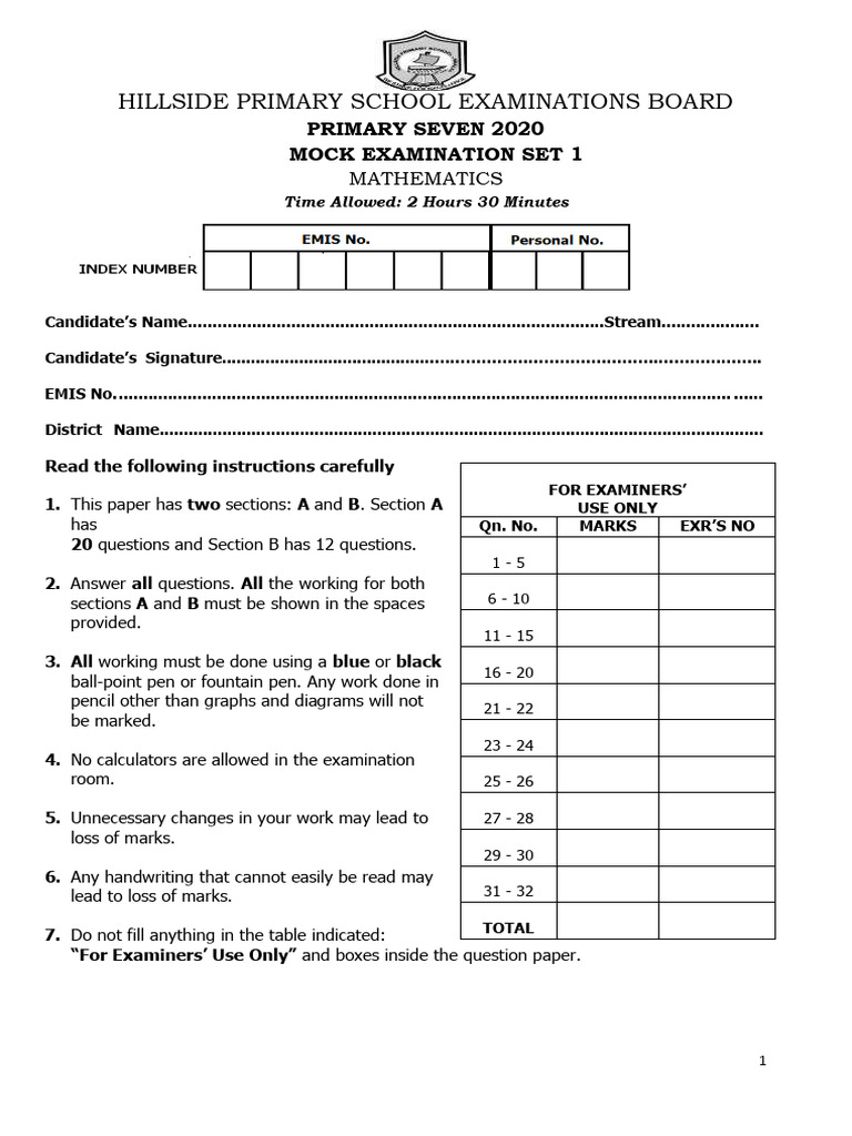 P7 Mathematics Mock Exam 2020 | PDF