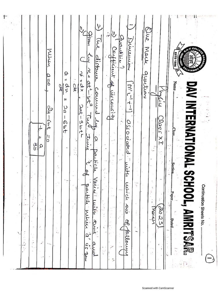 XI Physics DAV Board One Mark Solve Questions Till Sample Paper | PDF