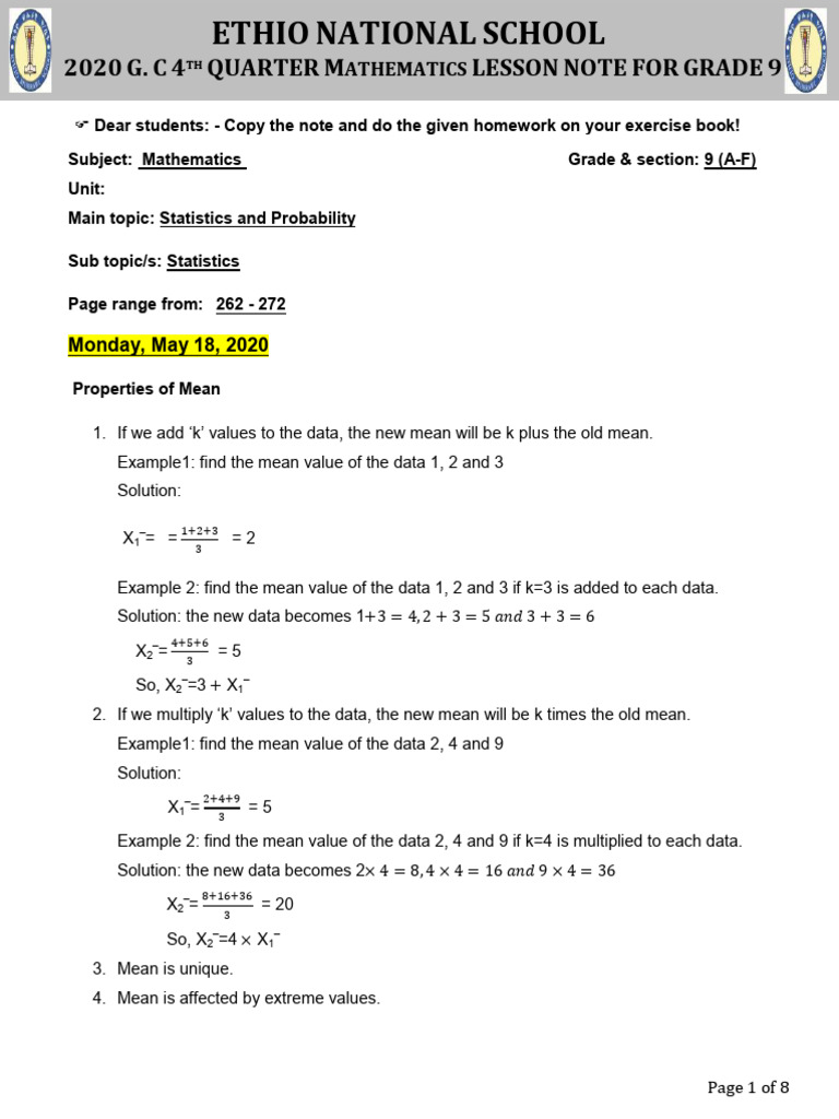 Grade 9 Mathematics Lesson Note May 22,2020 | PDF | Mode (Statistics ...