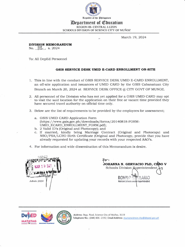 SDM No. 112, S. 2024 - GSIS Service Desk UMID E-Card Enrollment On-Site ...