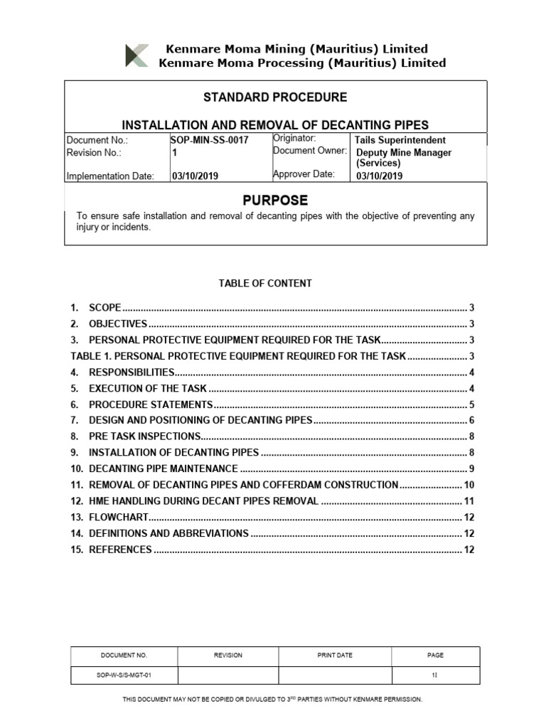 SOP-MIN-SS-0017 Installation and removal of decanting pipes cover | PDF