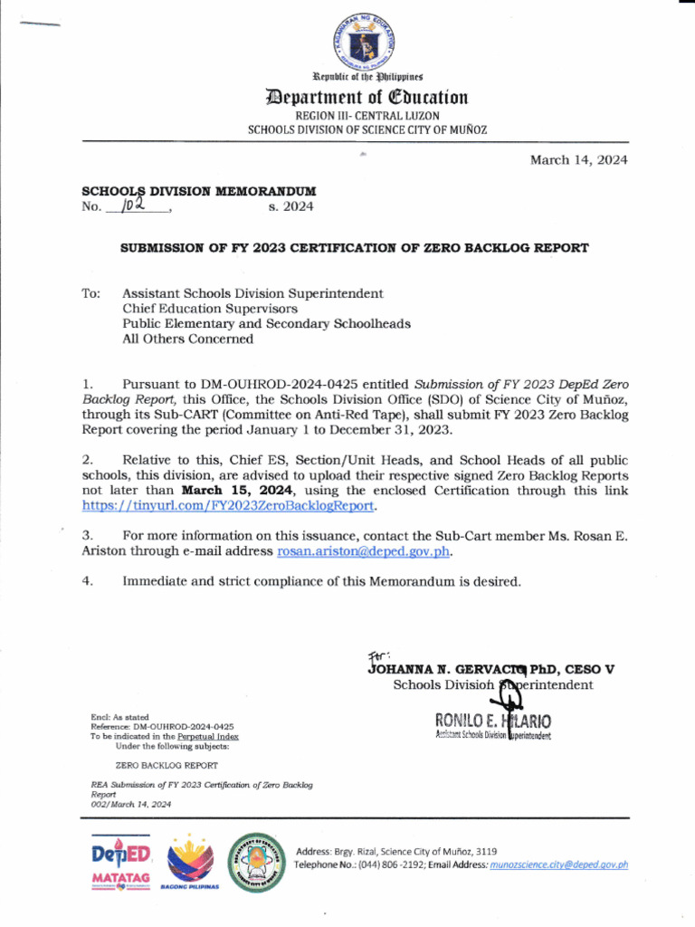 SDM No. 102, S. 2024 - SUBMISISON OF FY 2023 CERTIFICATION OF ZERO BACKLOG REPORT | PDF