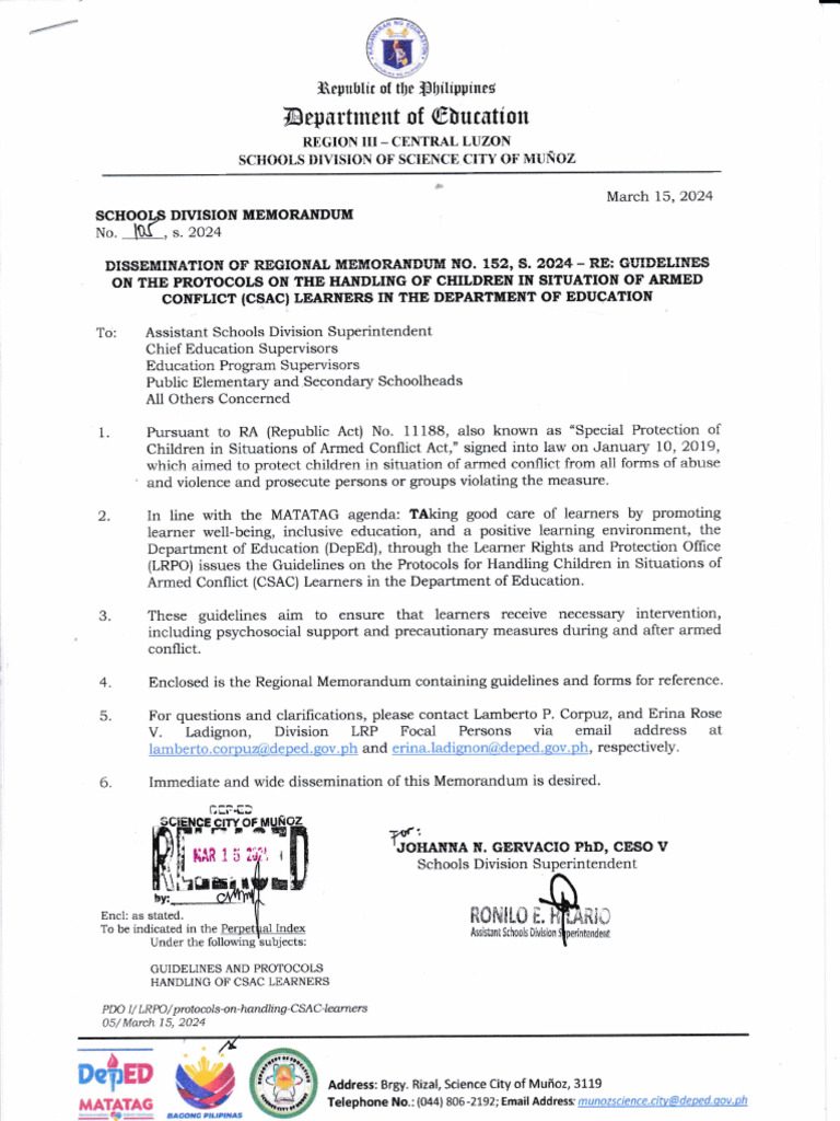 SDM No. 105, S. 2024 - DISSEMINATION OF REGIONAL MEMORANDUM NO. 152, S ... SDM No. 105, S. 2024 - DISSEMINATION OF REGIONAL MEMORANDUM NO. 152, S ...
