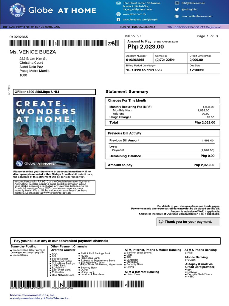 Globe Bill 910292865 | PDF | Service Industries | Banking