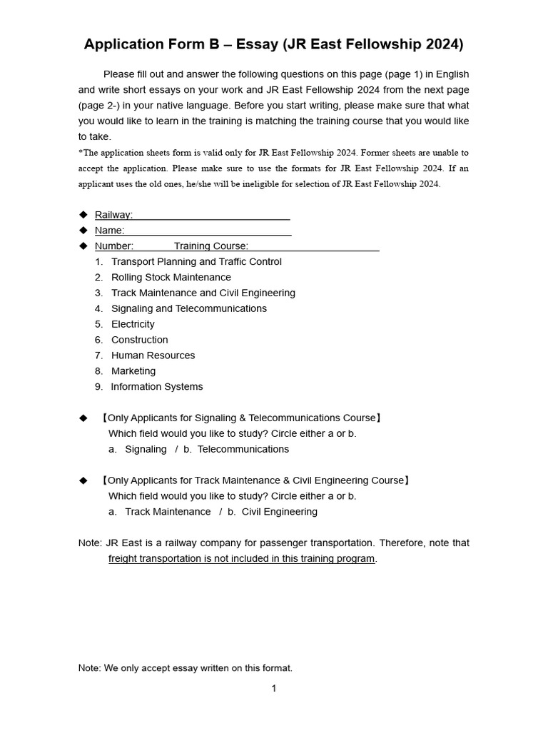 Application Form B - Essay For JR East Fellowship 2024 | PDF | Career ...