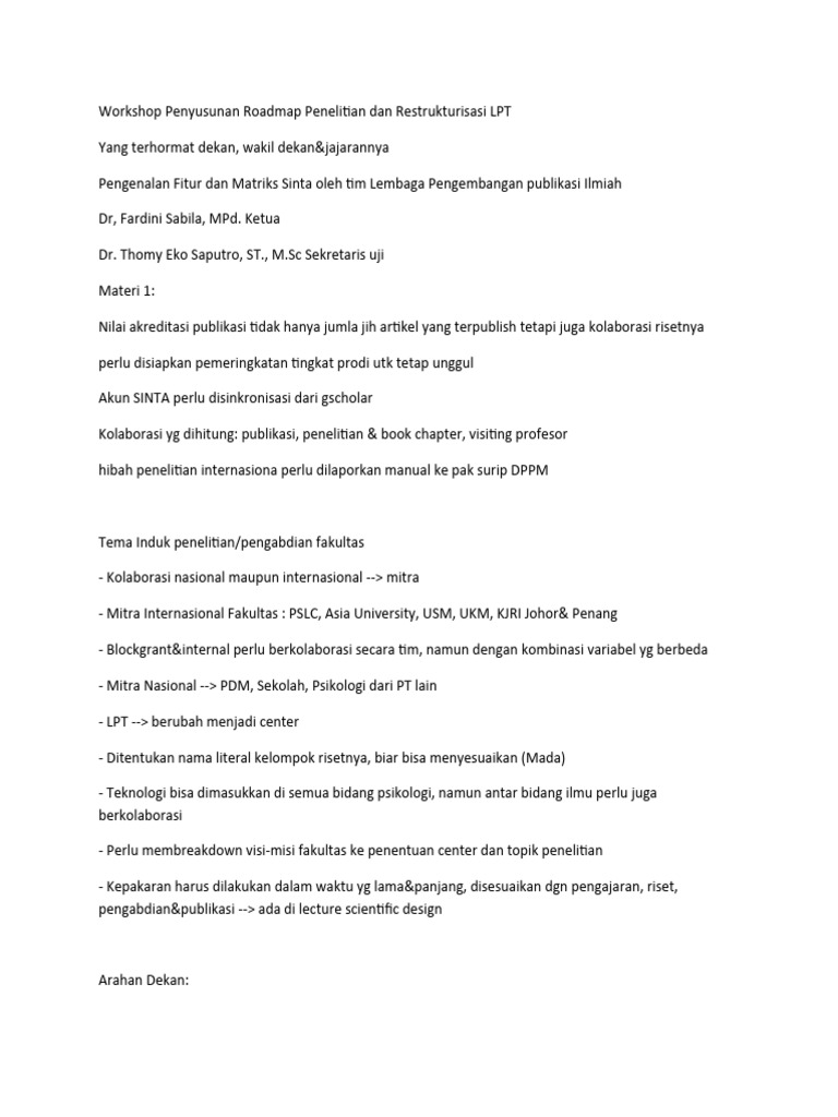Notulensi Workshop Penyusunan Roadmap Penelitian | PDF