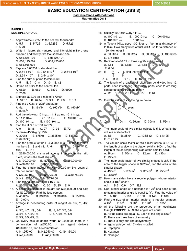 Junior WAEC Past Question - Mathematics (PDF - Io) | PDF | Area | Mean