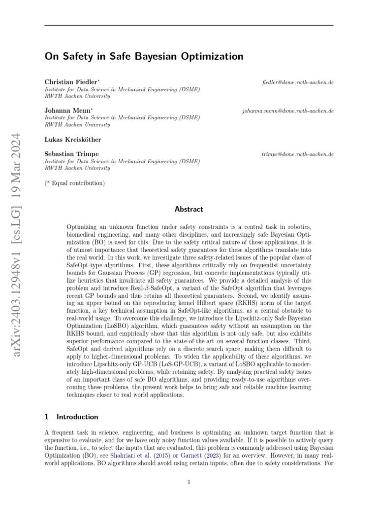 On Safety in Safe Bayesian Optimization: Christian Fiedler | PDF | Standard Deviation ...
