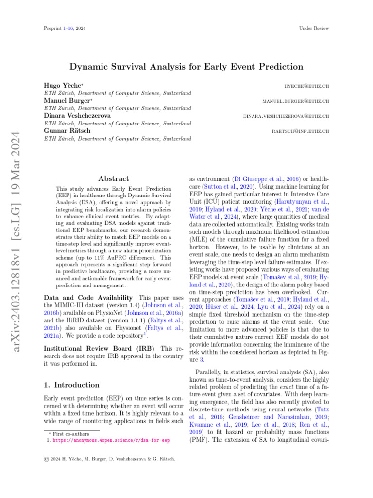 Dynamic Survival Analysis For Early Event Prediction: Preprint - , 2024 ...