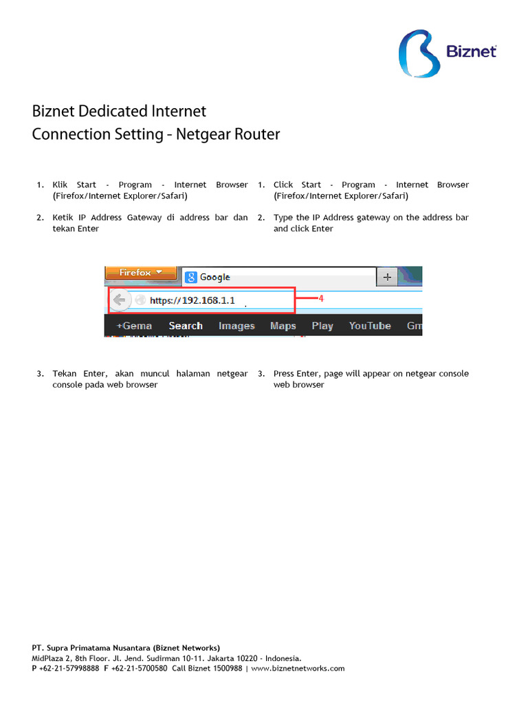 Biznet Dedicated Internet Connection Setting Netgear Router | PDF