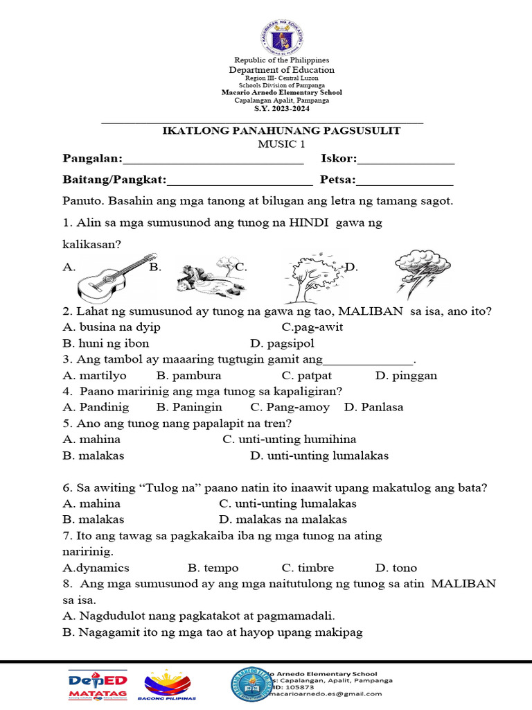 Grade 1 Mapeh Exam | PDF