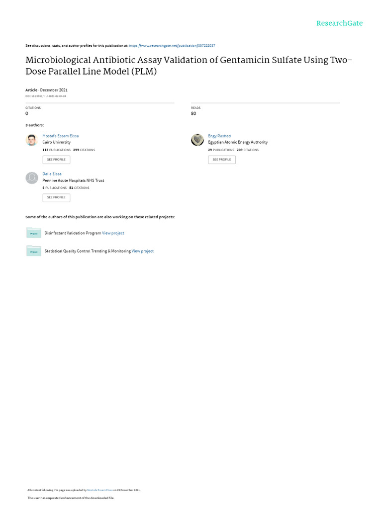 Microbiological Antibiotic Assay Validation of Gentamicin Sulfate Using ...