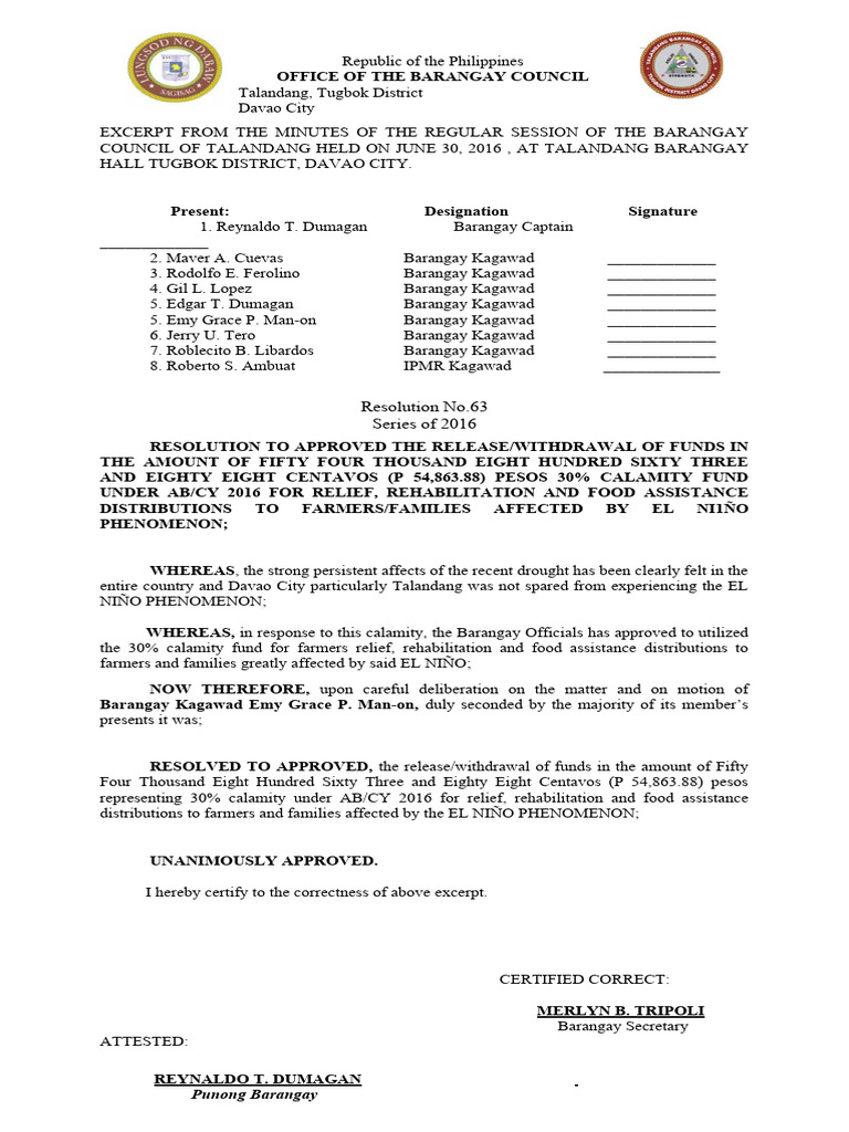 Resolution For Withdrawal of Calamity Fund | PDF | Philippines