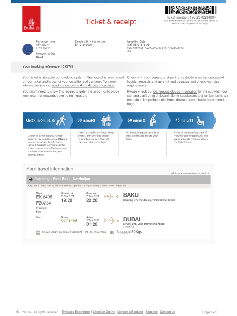 Emirates Flight Ticket Details | PDF | Baggage | Aviation