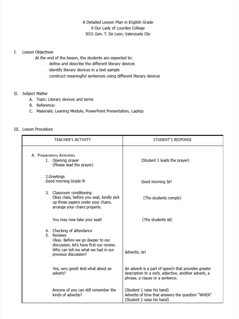 PDF A Detailed Lesson Plan Literary Devices | PDF | Adverb | Question