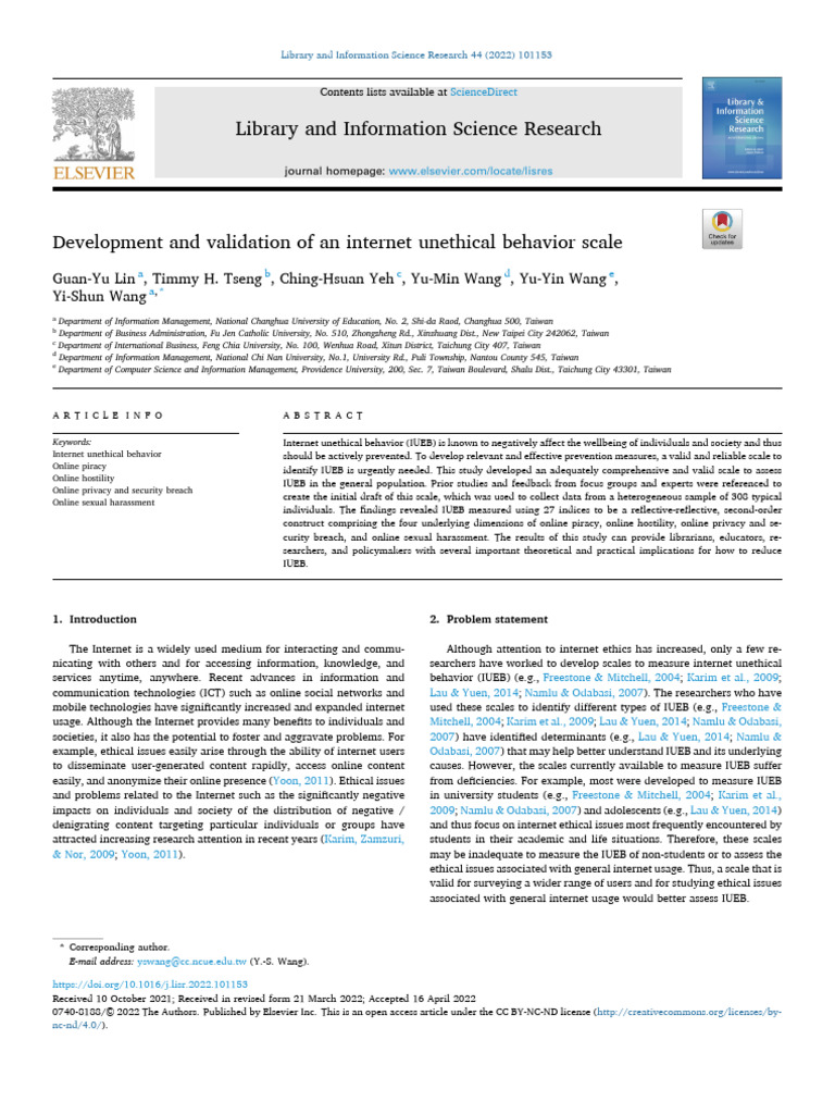 202204_LISR_Development and validation of an internet unethical behavior scale | PDF | Copyright ...