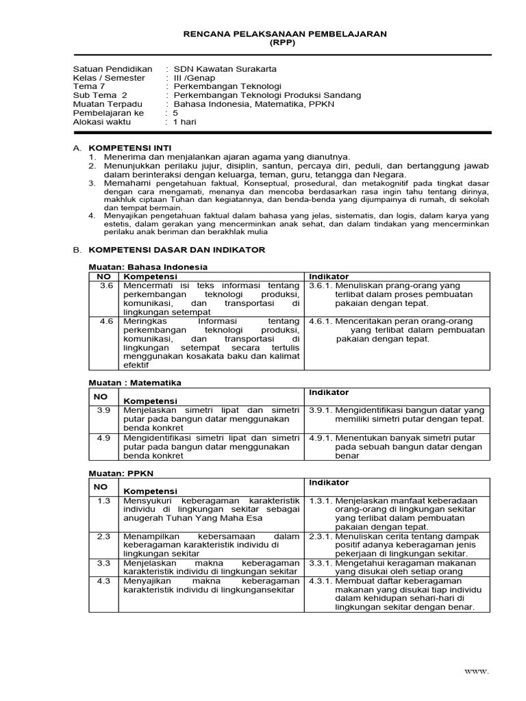 RPP Kelas 3 - Tema 7 - ST2 - Pemb 5 | PDF
