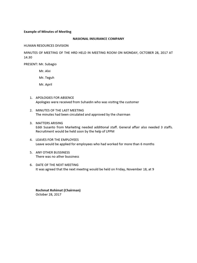 Example of Minutes of Meeting | PDF | Law