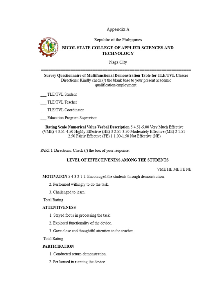 Appendix A Questionnaire | PDF | Safety