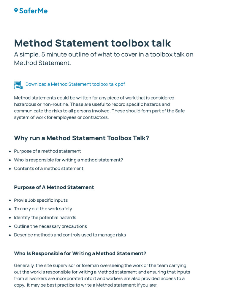 Method Statement Toolbox Talk | PDF | Technology & Engineering