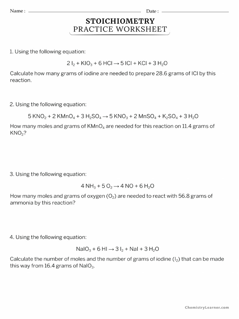 Chemistry Stoichiometry Worksheet | PDF