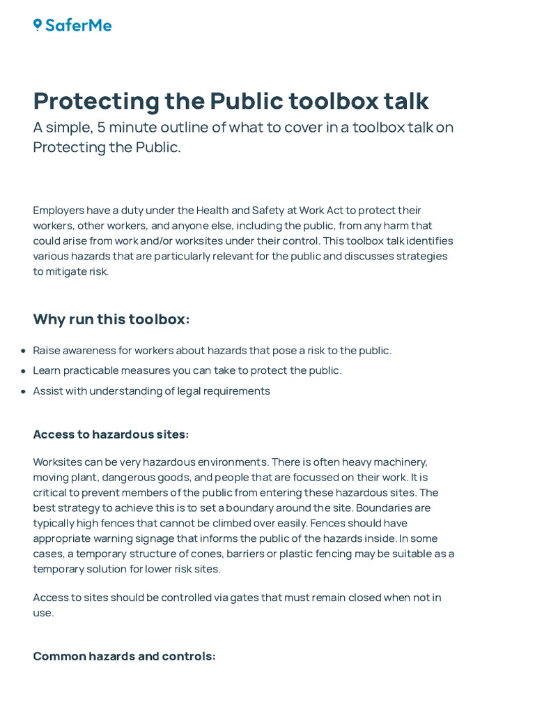 Protecting The Public Toolbox Talk | PDF | Occupational Safety And ...