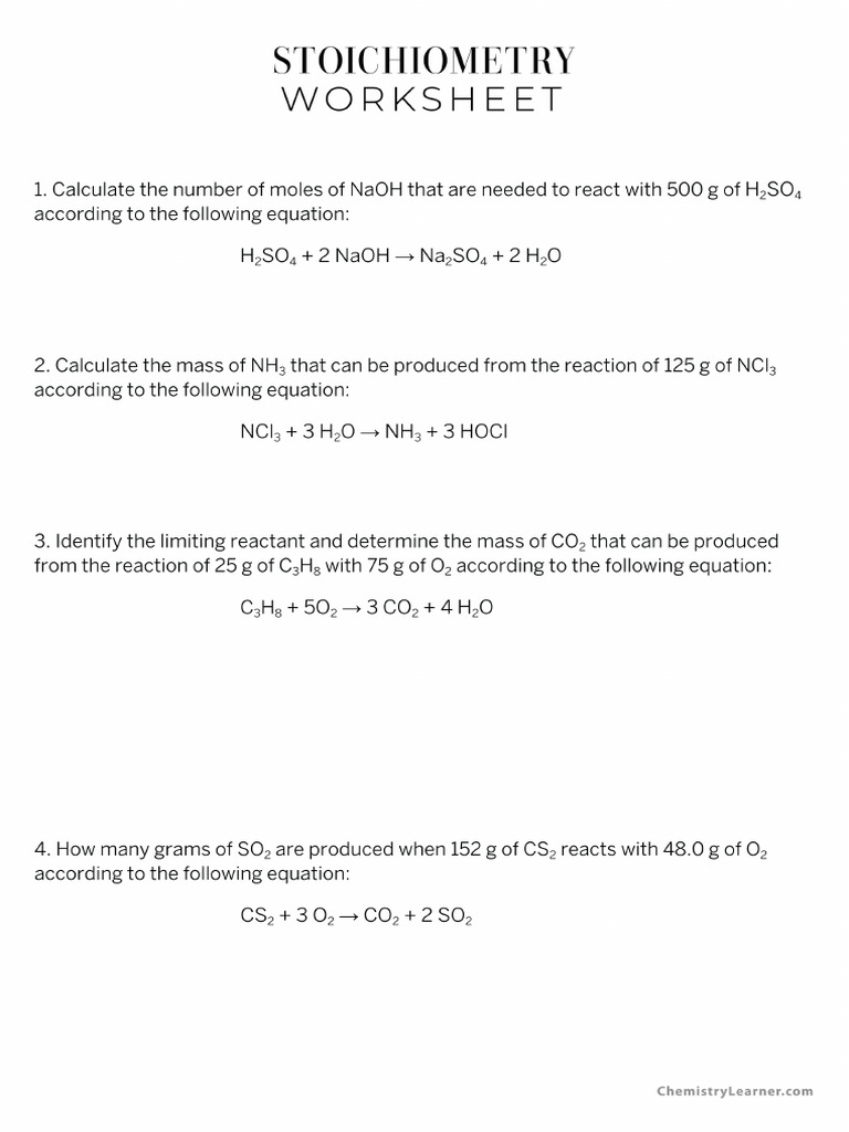 Ghs Honors Chemistry Stoichiometry Problems Worksheet 1 Answers Honors
