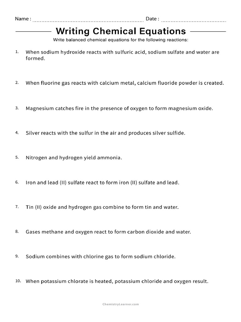 Word Equations Worksheet With Answers | PDF