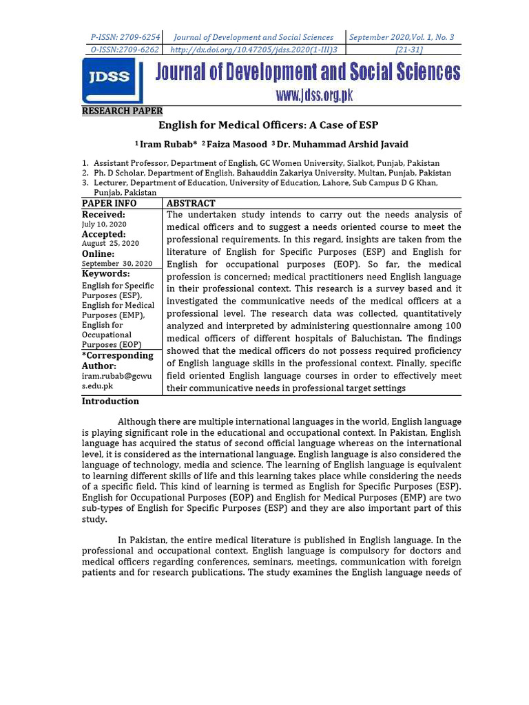 English For Medical Officers A Case of Esp | PDF