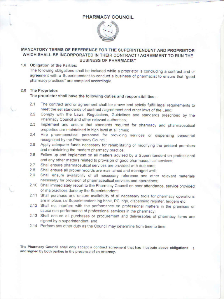 Mandatory term of reference for the superintendent and propriator which ...