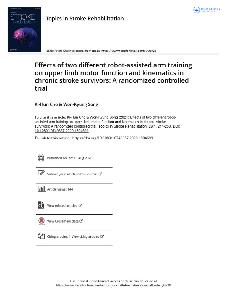 Effects of Two Different Robot Assisted Arm Training On Upper Limb Motor Function and Kinematics ...