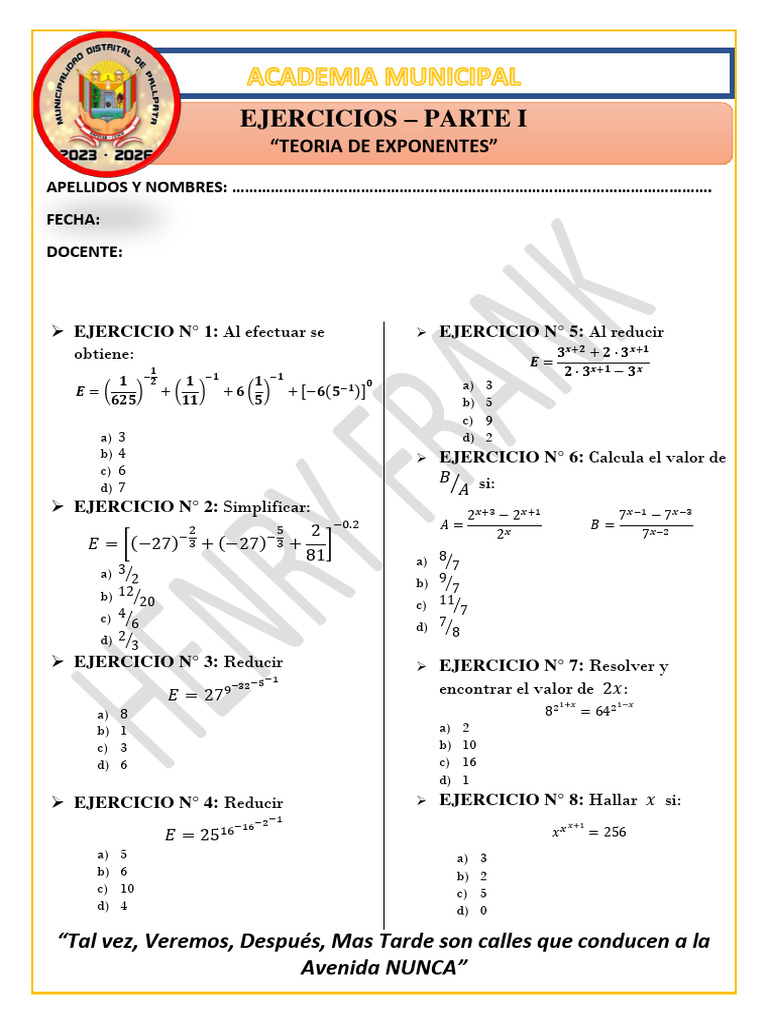 Ejercicios de Algebra | PDF | Matemáticas