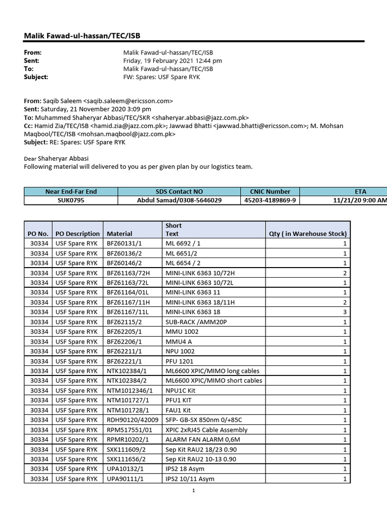 USF Spare RYK Delivery Details | PDF