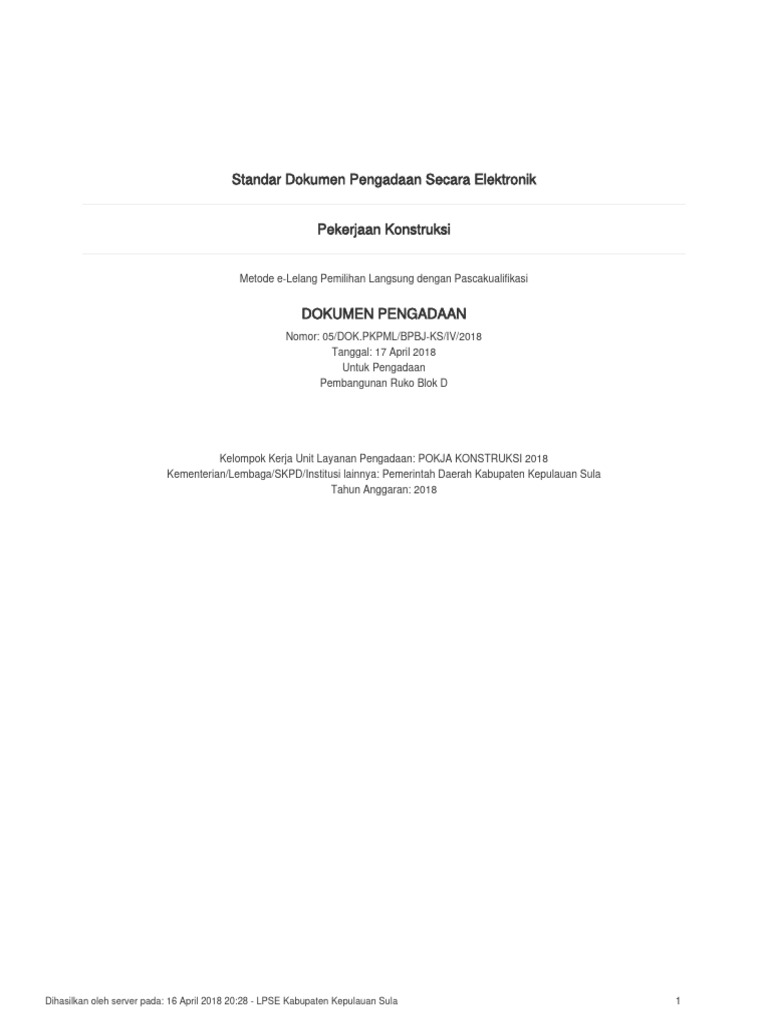 Dokumen Pengadaan (723715) - Pembangunan Ruko Blok D | PDF