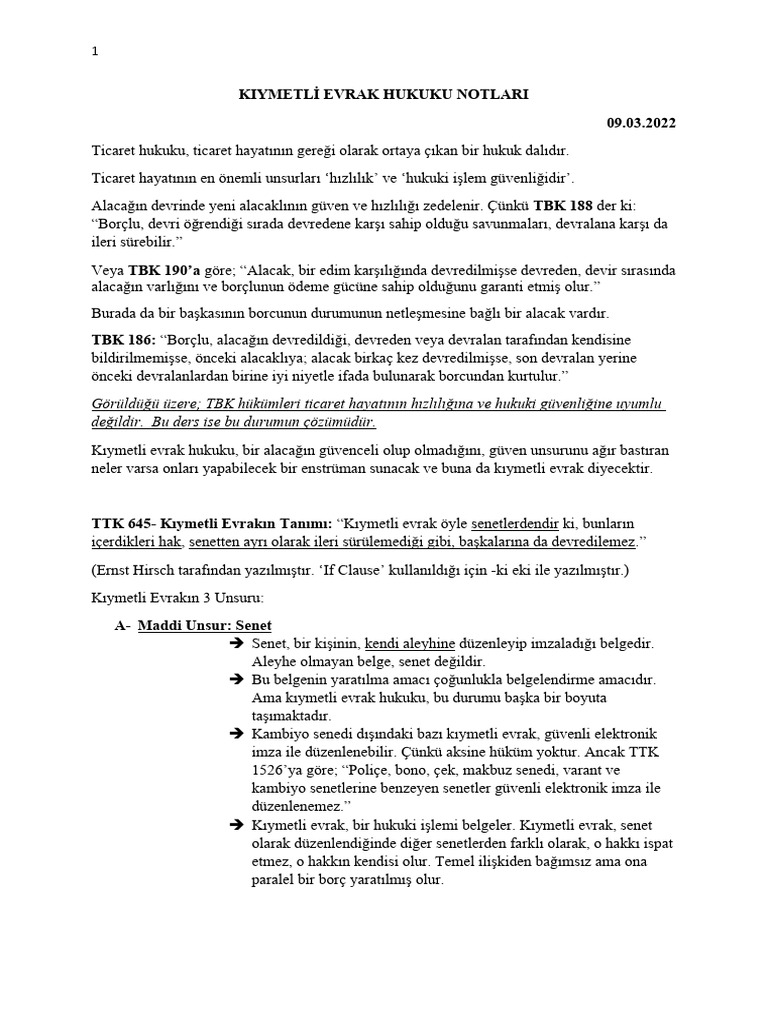 Kıymetli Evrak Hukuku Notları | PDF