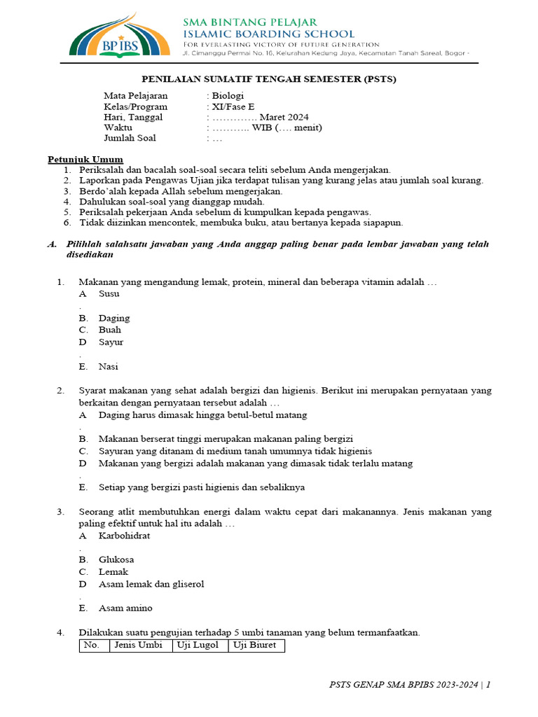 Naskah Soal PSTS - Biologi Kelas XI - 2023-2024 | PDF | Kesehatan Holistik