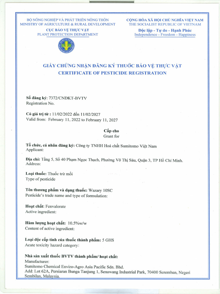 7372 CNĐKT BVTV Wazary 10SC (Sumitomo VN) | PDF